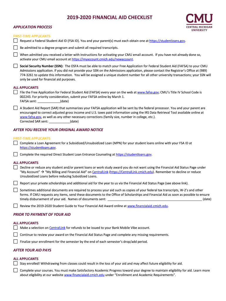 Fillable Online 2019-2020 financial aid checklist - Central Michigan ...