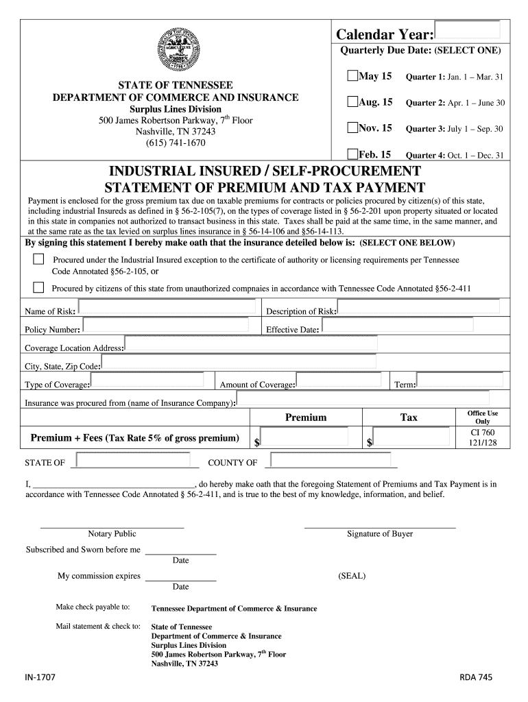 Fillable Online Surplus Lines Statement of Premiums and Tax ... - TN ...