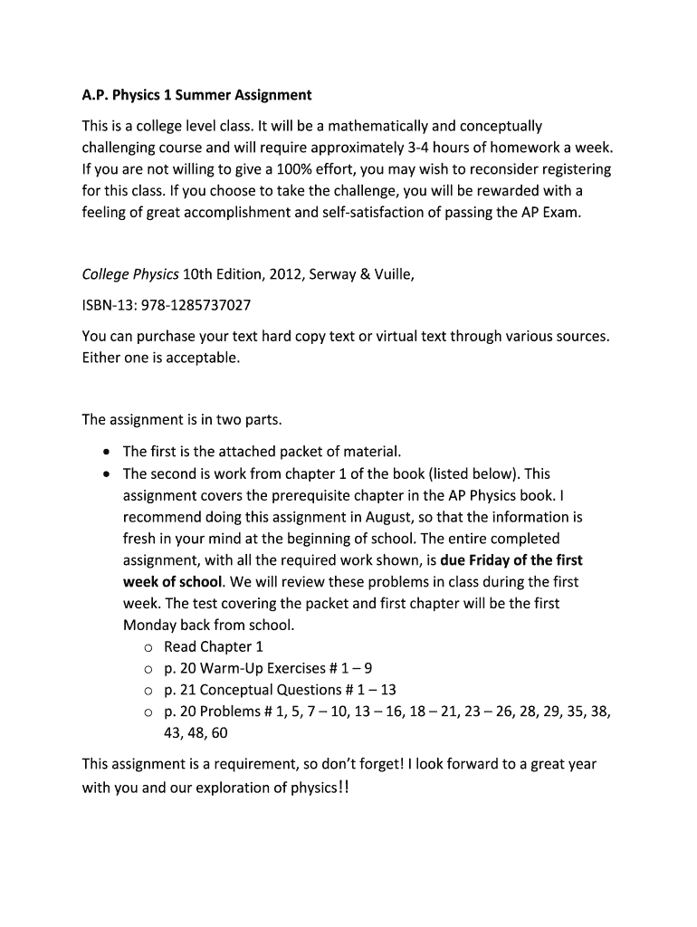 Fillable Online A.P. Physics 1 Summer Assignment Fax Email Print ...