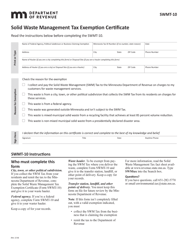 Fillable Online Form SWMT-10, Solid Waste Management Tax Exemption ...