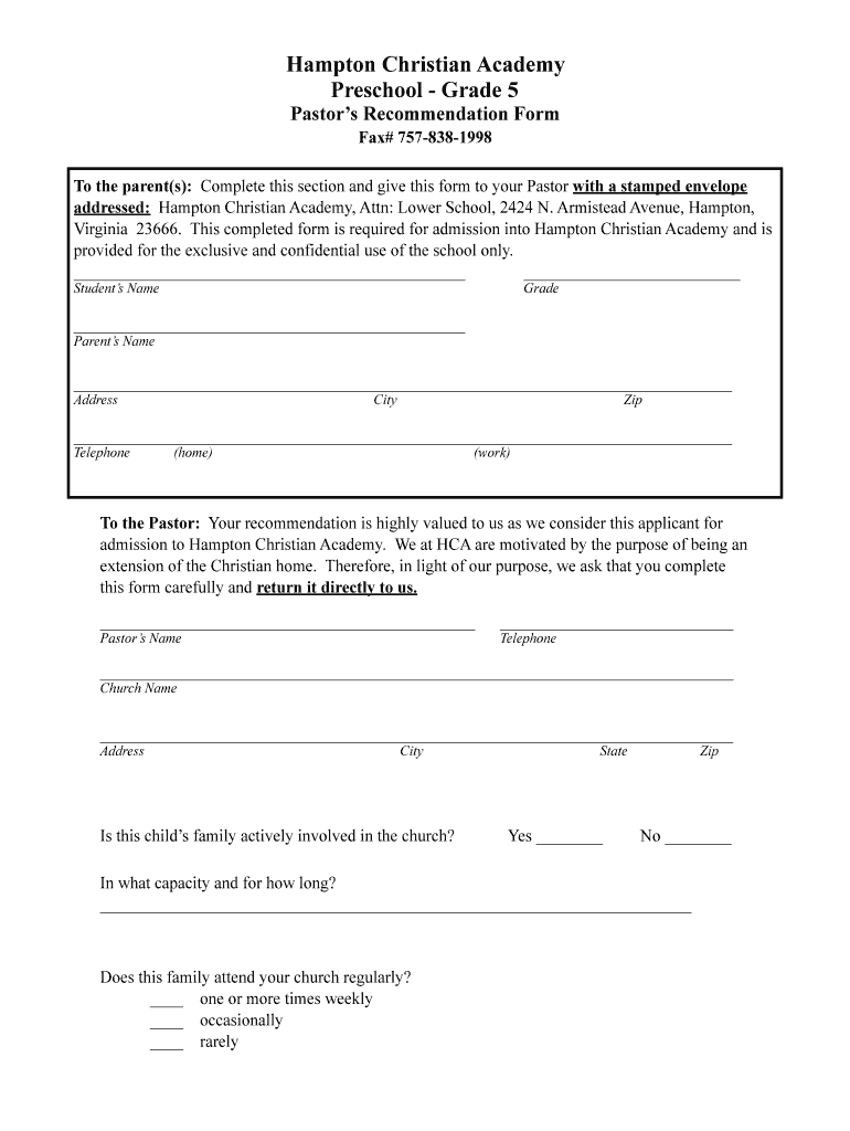 Fillable Online Pastor Recommendation Form - Beaver County Christian School Fax Email Print ...