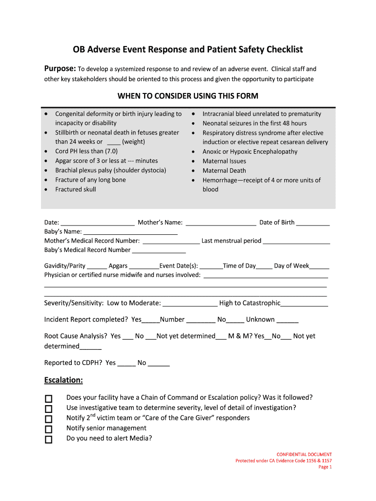 Fillable Online OB Adverse Event Response and Patient Safety Checklist ...