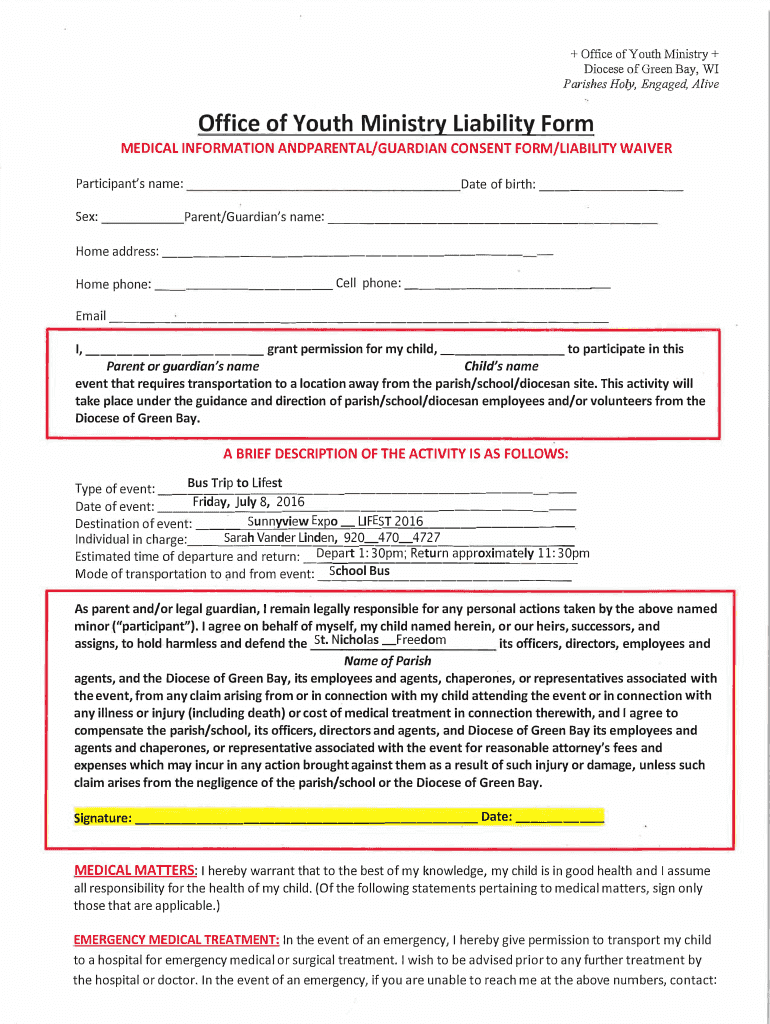 Fillable Online Office of Youth Ministry Liability Form - St. Nicholas ...