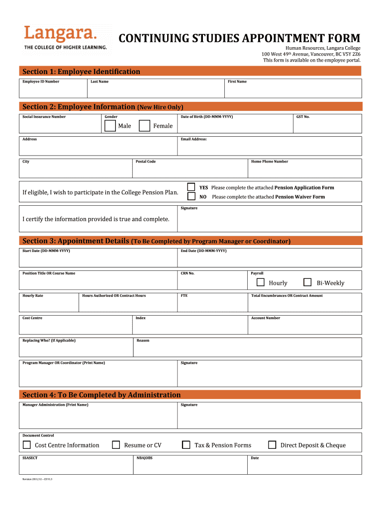 Fillable Online Fillable Online CS APPOINTMENT FORM - Langara College ... Fax Email Print ...