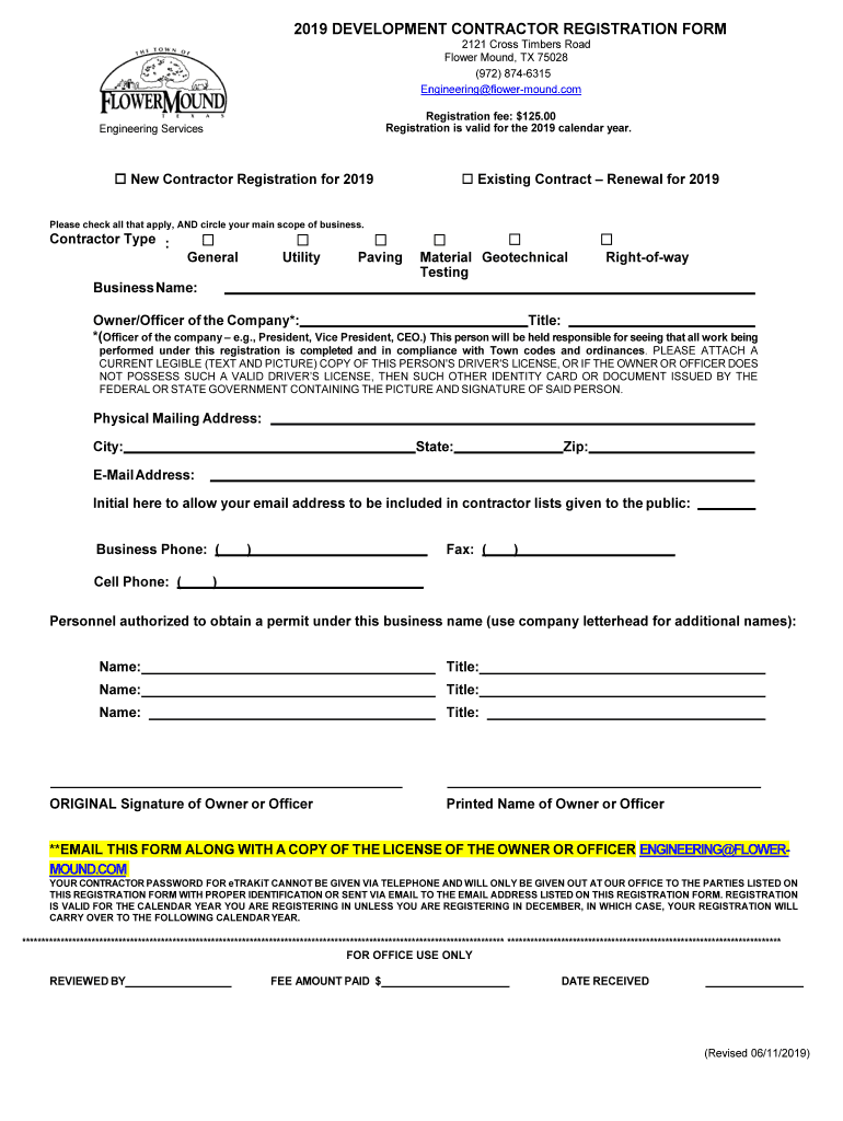 Fillable Online 2019 development contractor registration form - Flower ...