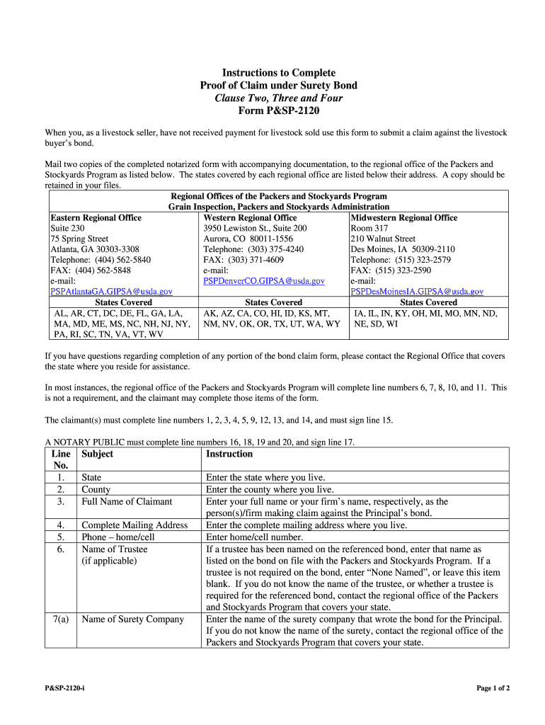 Fillable Online Form PSD 2120 Proof of Claim under Surety Bond Clause ...