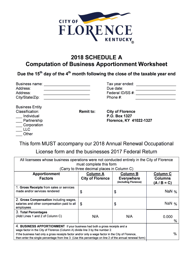 Fillable Online 2018 - Schedule A - Apportionment Worksheet - Florence ...