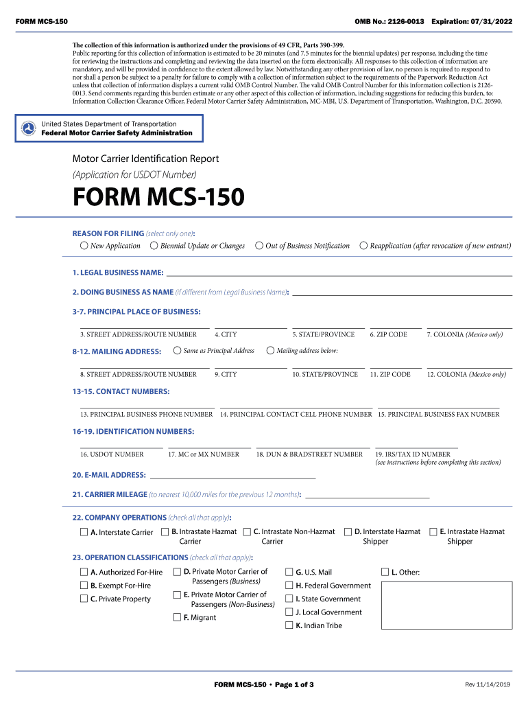 Fillable Online Form MCS-150 Motor Carrier Identification Report Fax ...