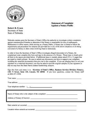 Fillable Online sos nebraska Statement of Notary Complaint Form Apr'04 ...