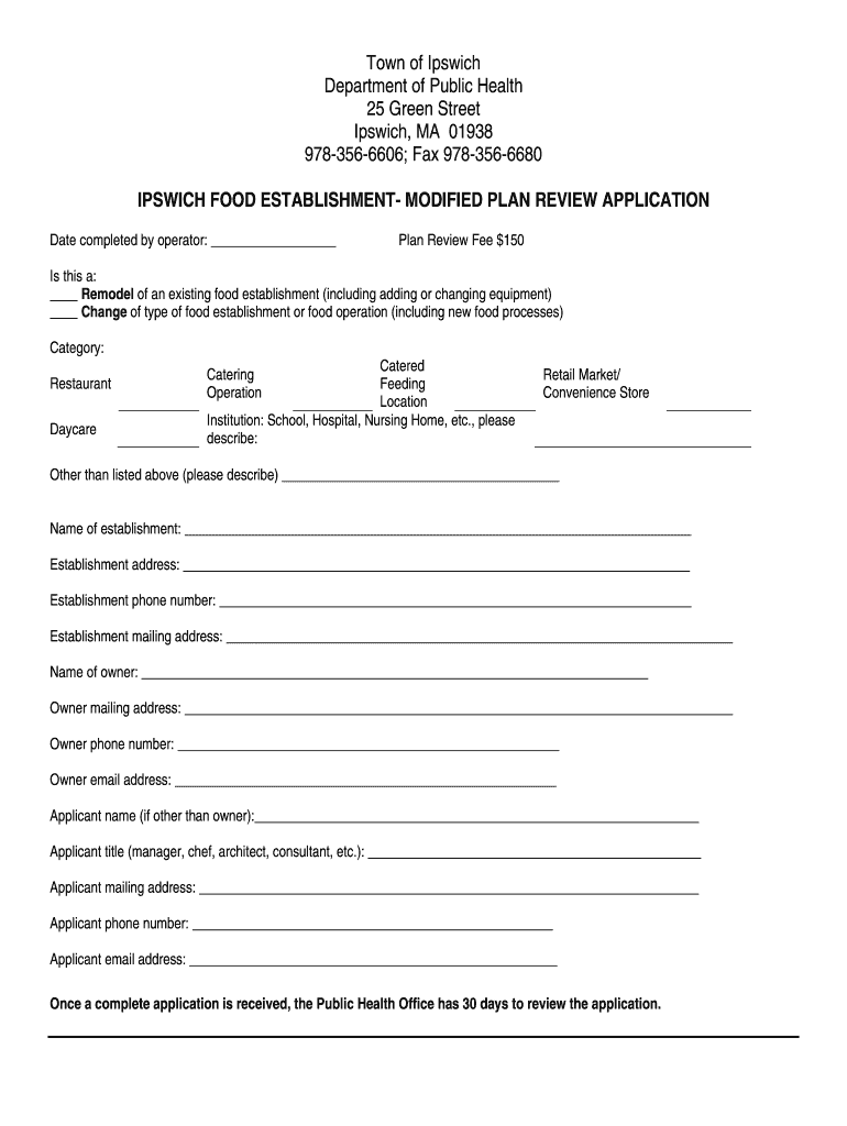 Fillable Online food establishment plan review application - Ipswich ...