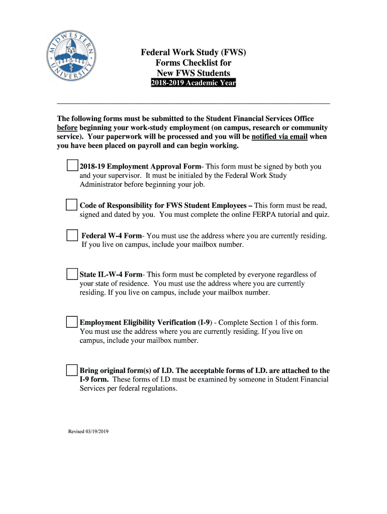Fillable Online Federal Work Study (FWS) Forms Checklist for New FWS ...