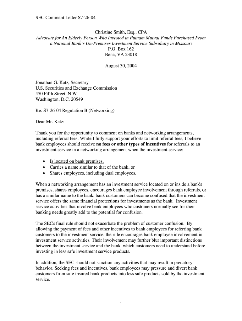 Fillable Online SEC Comment Letter S7-26-04 1 Christine Smith, Esq ...