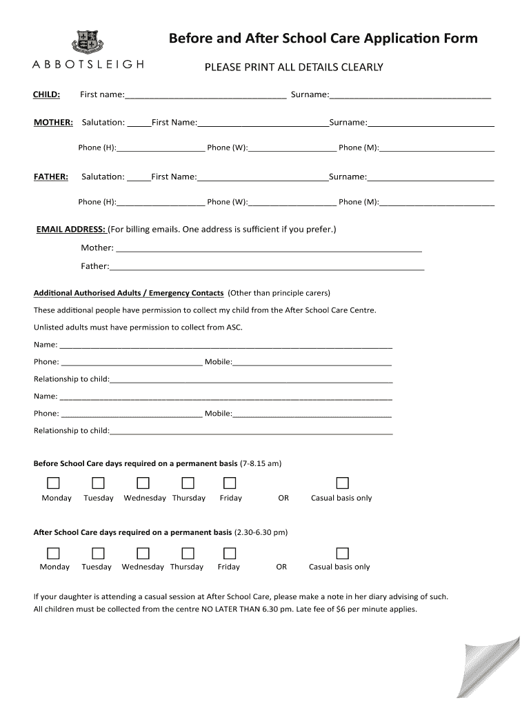 Fillable Online Before and After School Care Application Form ...