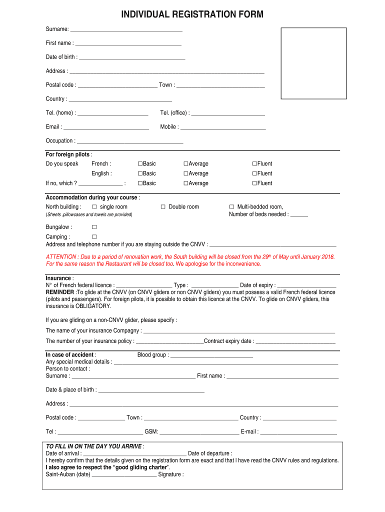 Fillable Online INDIVIDUAL REGISTRATION FORM - France Fax Email Print ...
