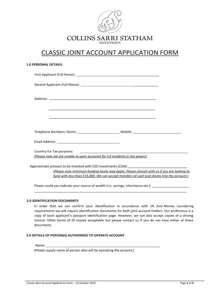 Fillable Online CLASSIC JOINT ACCOUNT APPLICATION FORM Fax Email Print ...