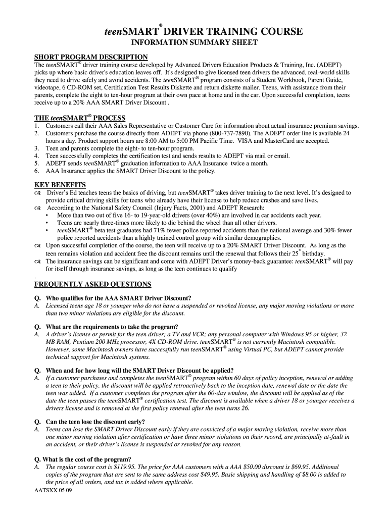 Fillable Online teenSMART DRIVER TRAINING COURSE INFORMATION SUMMARY ...