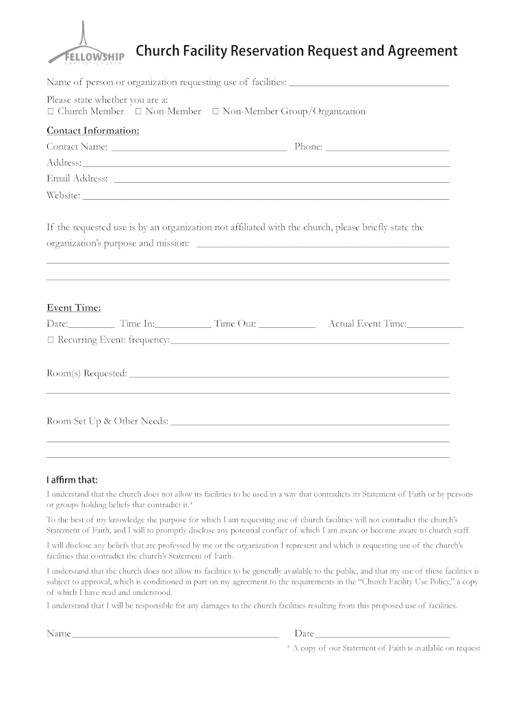 Fillable Online Church Facility Reservation Request and Agreement Fax ...
