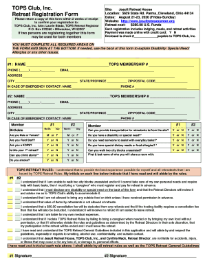 Fillable Online TOPS Club, Inc. Retreat Registration Form Fax Email ...