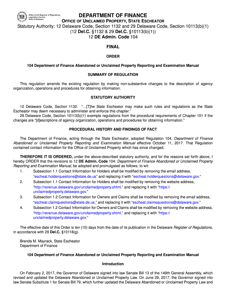 Fillable Online regulations delaware 104 Department of Finance ...