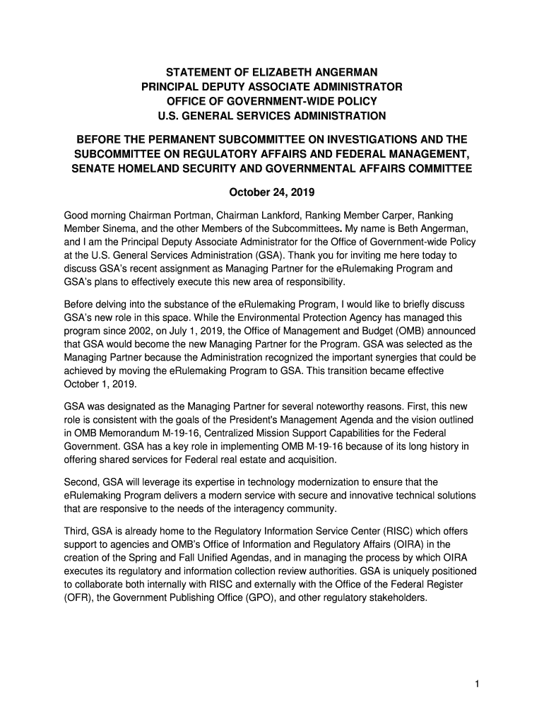 Fillable Online STATEMENT OF ELIZABETH ANGERMAN PRINCIPAL DEPUTY ...