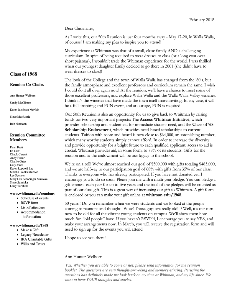 Fillable Online Dear fellow classmates from my high school graduating ...