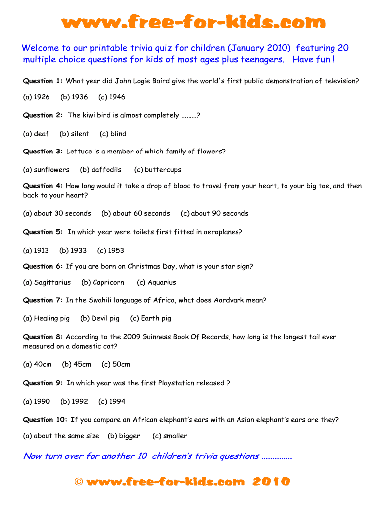 Printable Children s Trivia Quiz January 2010 A Free Printable Printable Children s Trivia Quiz January 2010 A Free Printable