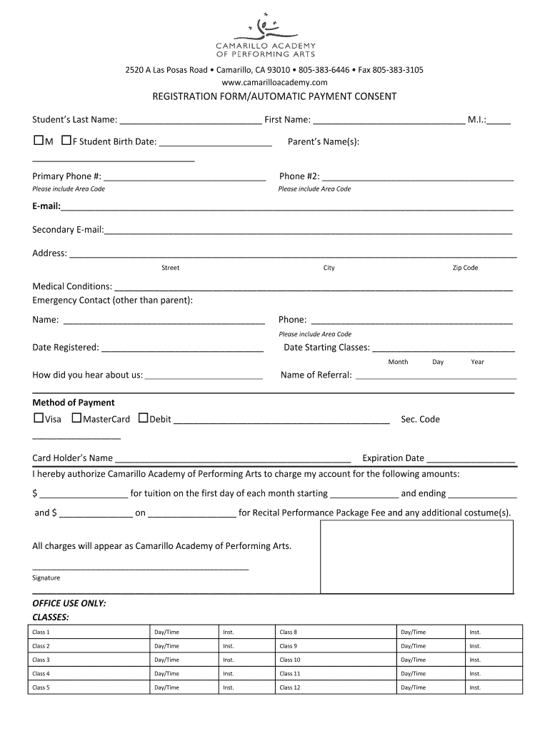 Fillable Online registration form/automatic payment consent - Camarillo ... Fax Email Print ...