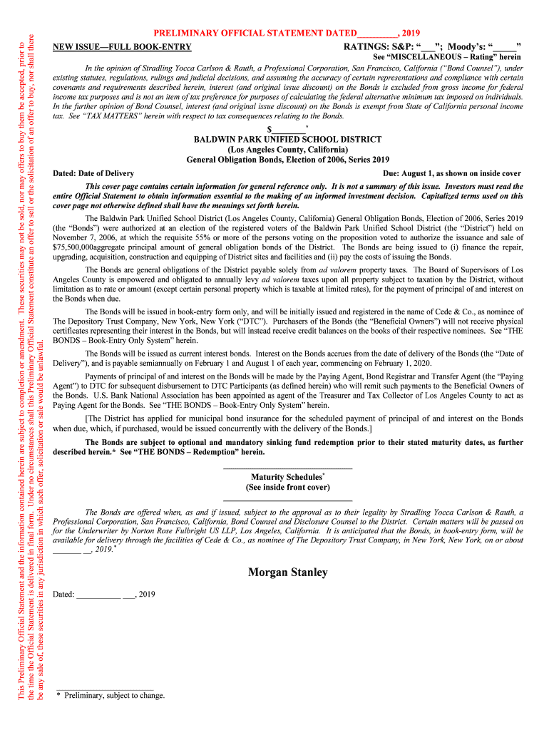 Fillable Online PRELIMINARY OFFICIAL STATEMENT DATED, 2019 Fax Email Print - pdfFiller