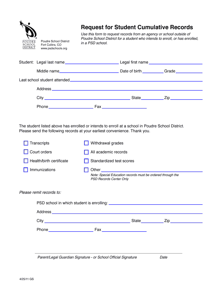 Fillable Online wer psdschools Request for Student Cumulative Records ...