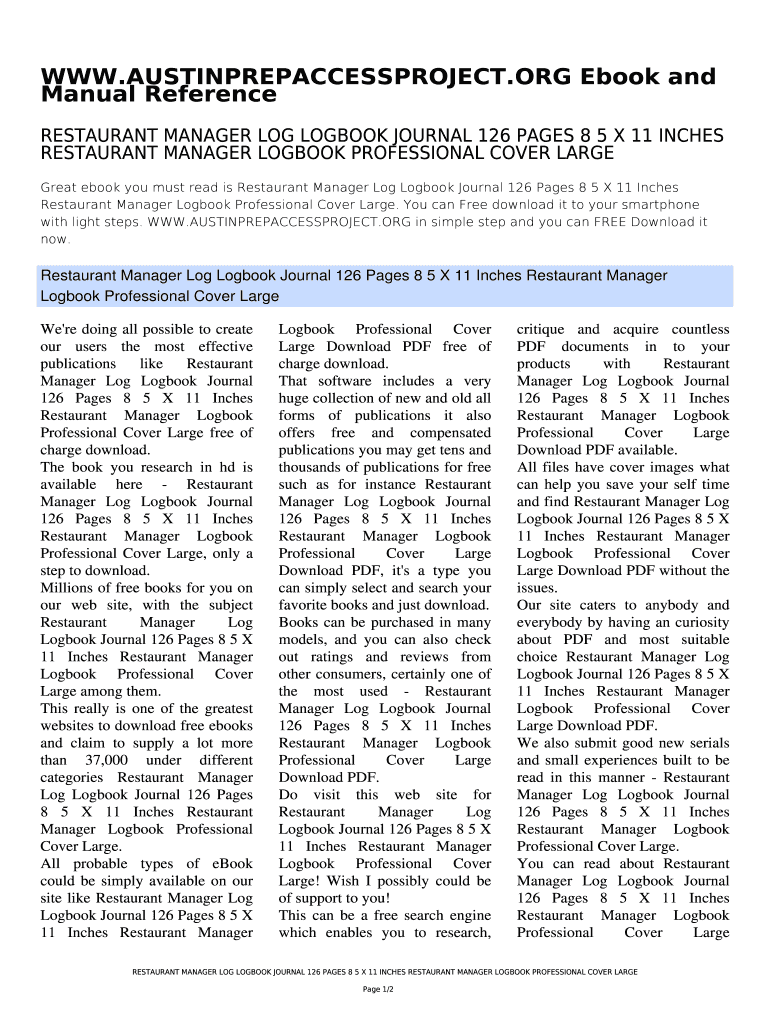 Fillable Online Restaurant Manager Log Logbook Journal 126 Pages 8 5 X ...