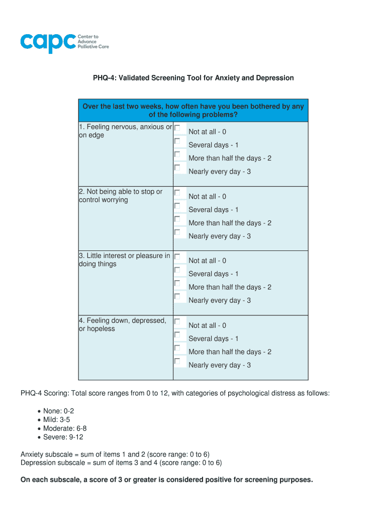 Fillable Online Phq 4 The Four item Patient Health Questionnaire For