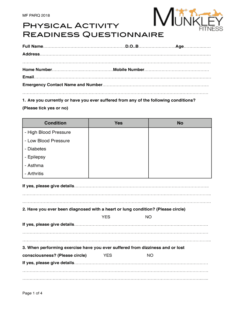 Fillable Online Physical Activity Readiness Questionnaire (PAR-Q)* NAME ...