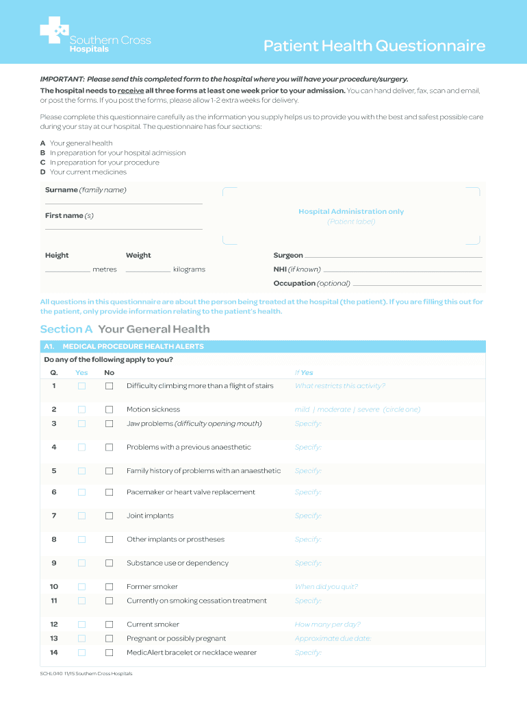 Fillable Online Patient Health Questionnaire - Southern Cross Hospitals ...
