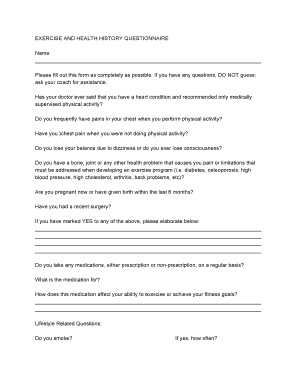 Fillable Online Exercise & Health History Questionnaire - Three Ships ...