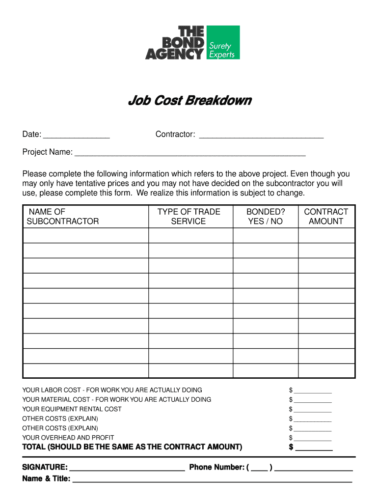 Fillable Online Job Cost Breakdown. Job Cost Breakdown Fax Email Print ...