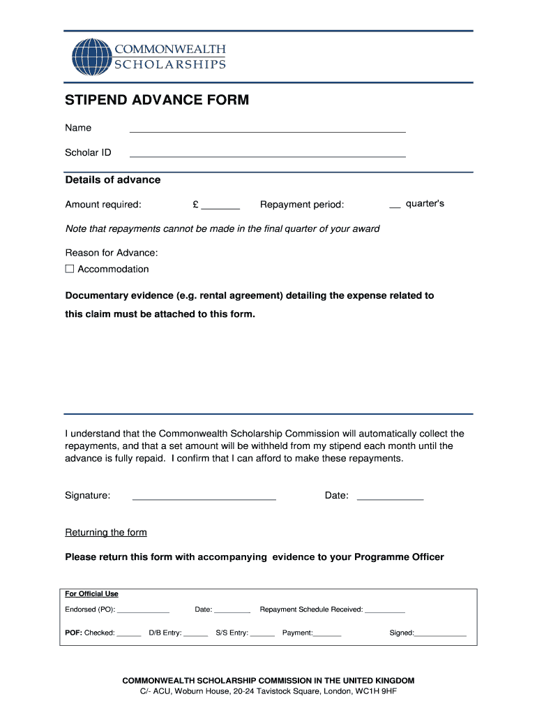Fillable Online STIPEND ADVANCE FORM Fax Email Print - pdfFiller