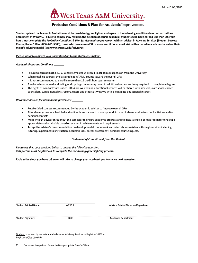 Fillable Online Probation Conditions & Plan for Academic Improvement ...
