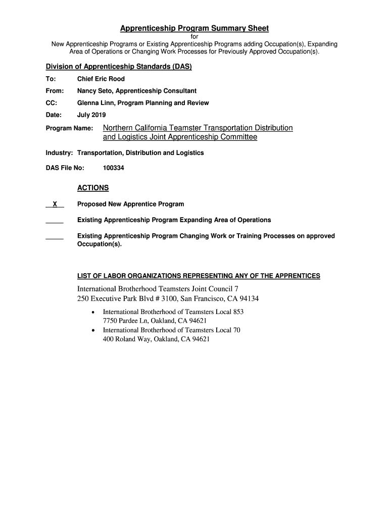 Fillable Online dir ca Apprenticeship Program Summary Sheet Fax Email ...