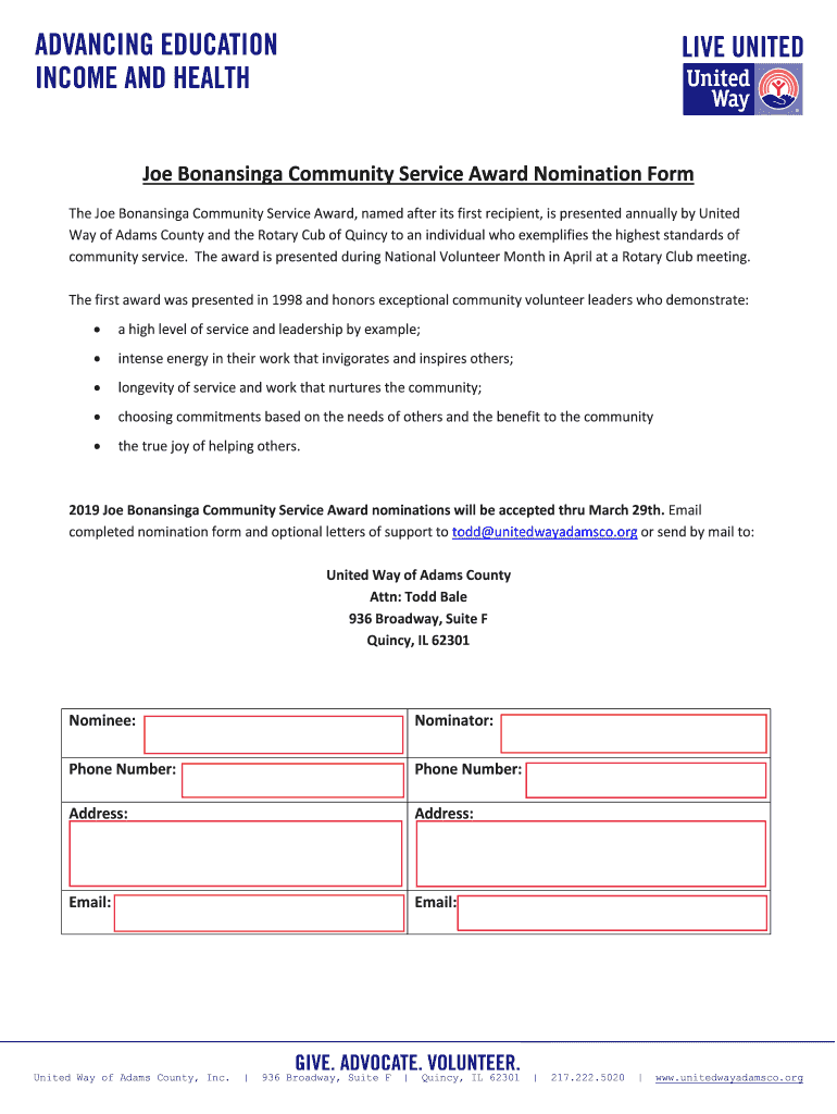 Fillable Online Joe Bonansinga Community Service Award Nomination Form ...