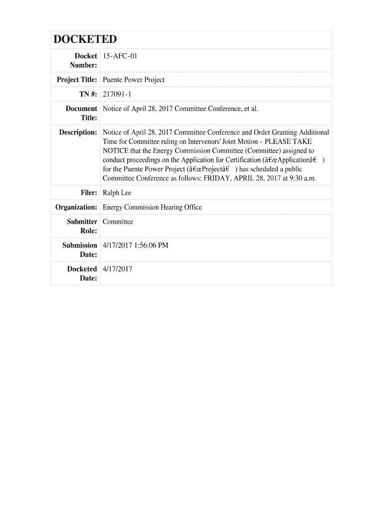 Fillable Online Docket - California Energy Commission : Docket Log Fax Email Print - pdfFiller