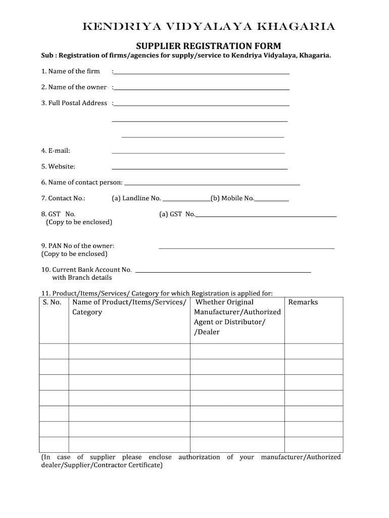 Fillable Online supplier registration form - Kendriya Vidyalaya Koppal ...