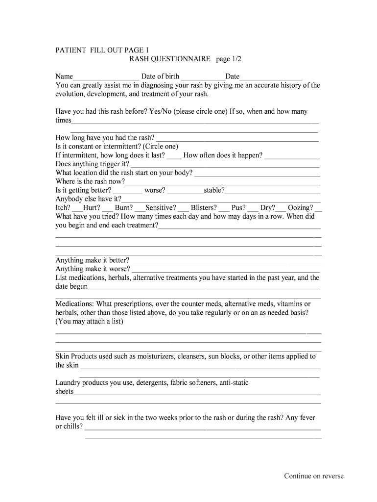 Rash Questionnaire Form - Blank Fillable Template | Fill Out, Print ...