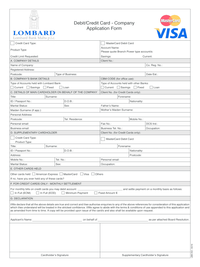 Fillable Online Debit/Credit Card - Company Application Form - Lombard ...