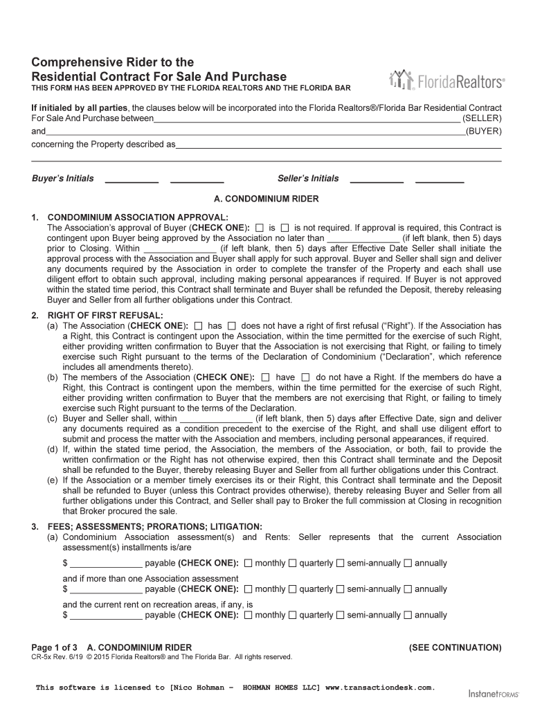Fillable Online (a) Contract is the Florida Realtors/Florida Bar ...