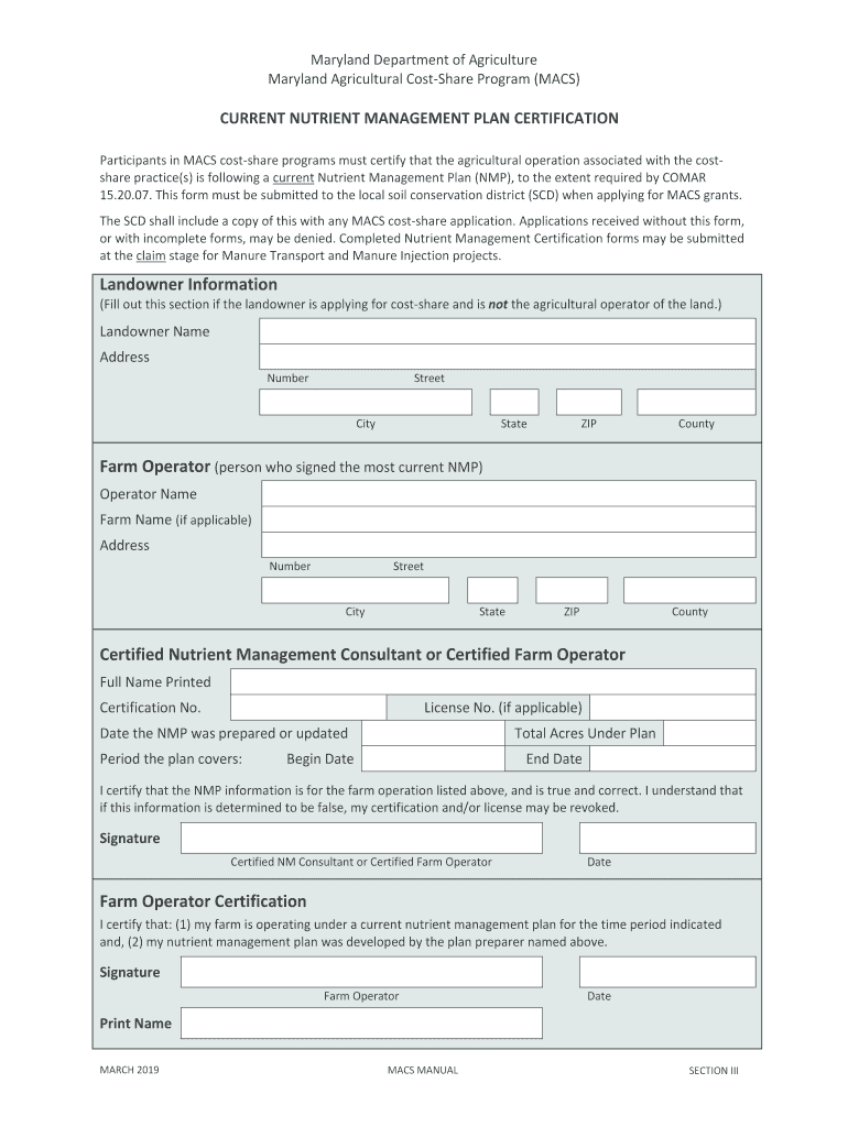 Fillable Online mda maryland Nutrient Management Certification Form. Nutrient Management ...