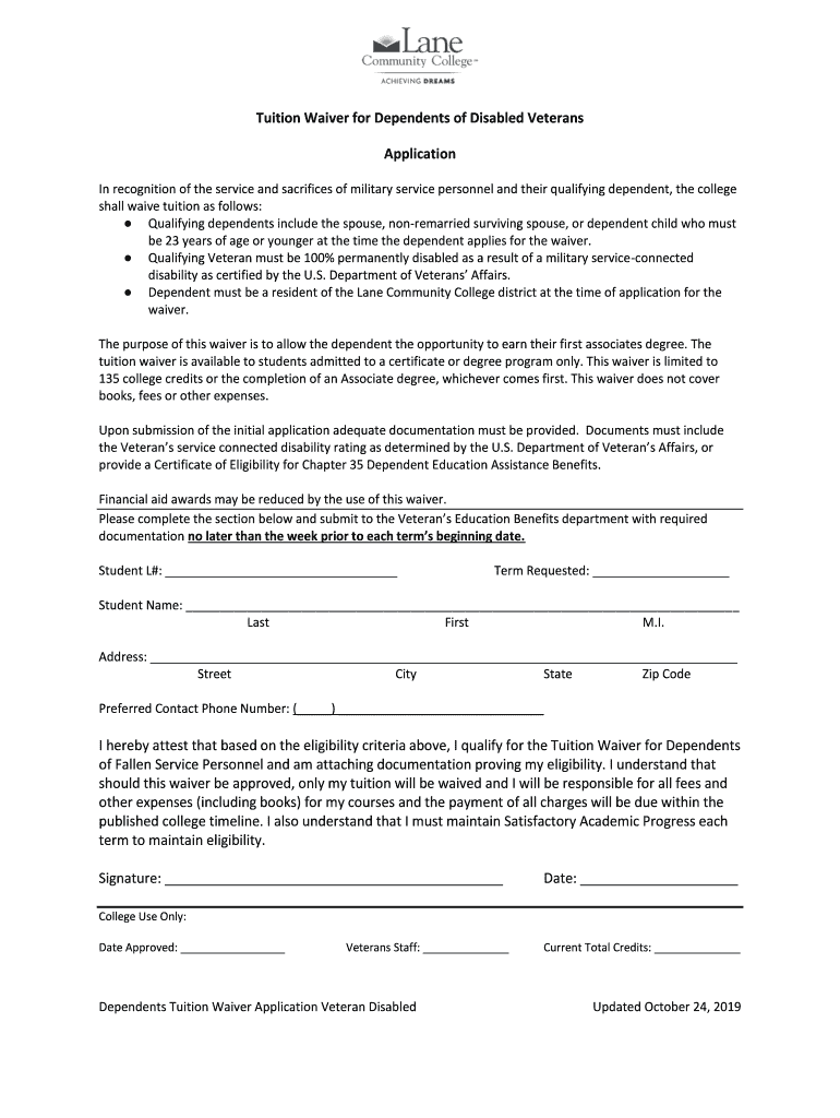 Fillable Online Tuition Waiver for Dependents of Disabled and Fallen ...