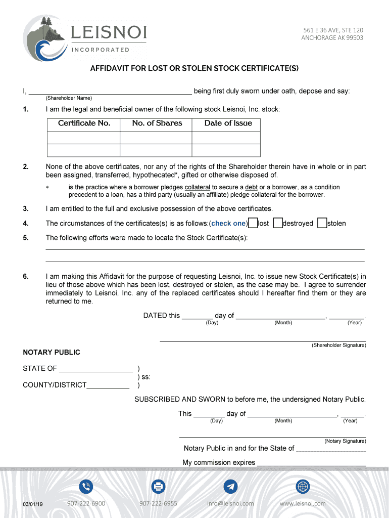 Fillable Online affidavit of lost, stolen or destroyed certificate(s ...