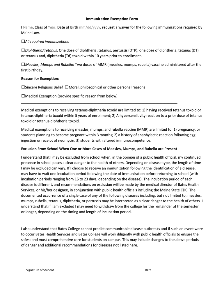 Fillable Online Immunization Exemption Form I Name, Class of Year. Date of ... Fax Email Print ...