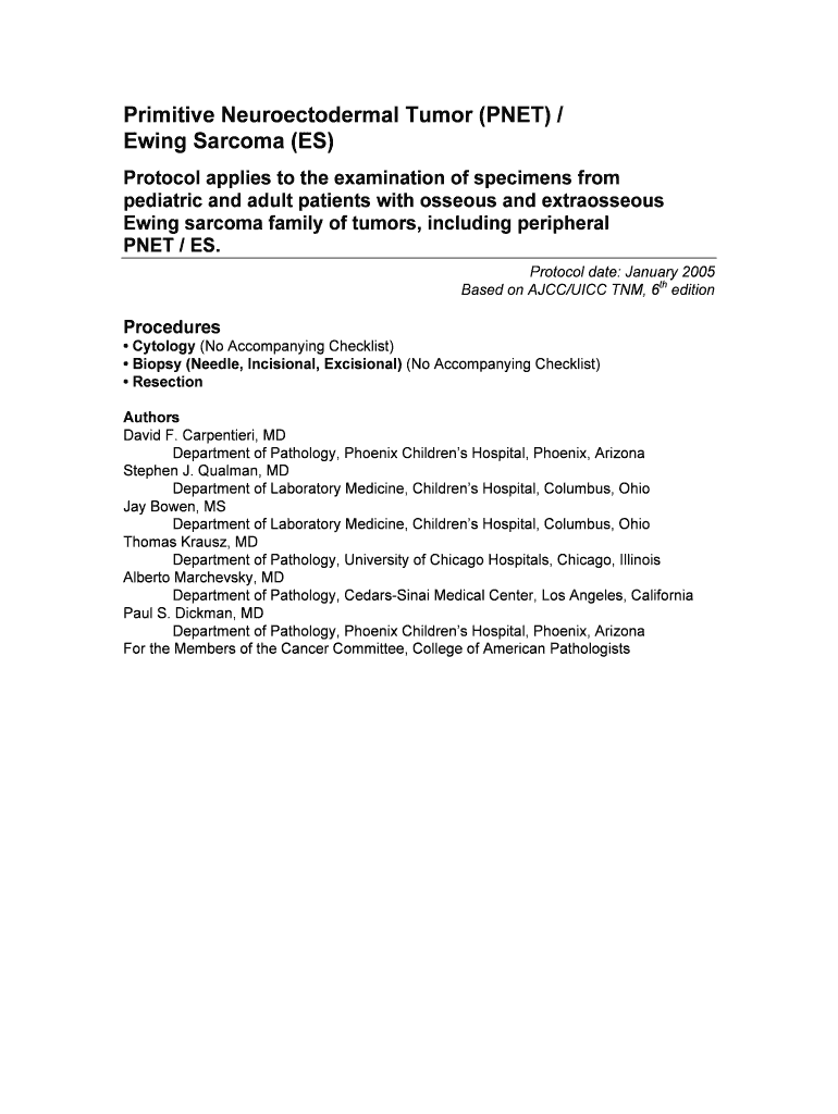 Fillable Online Primitive Neuroectodermal Tumor Pnet Ewing Sarcoma Es Full Protocol Fax