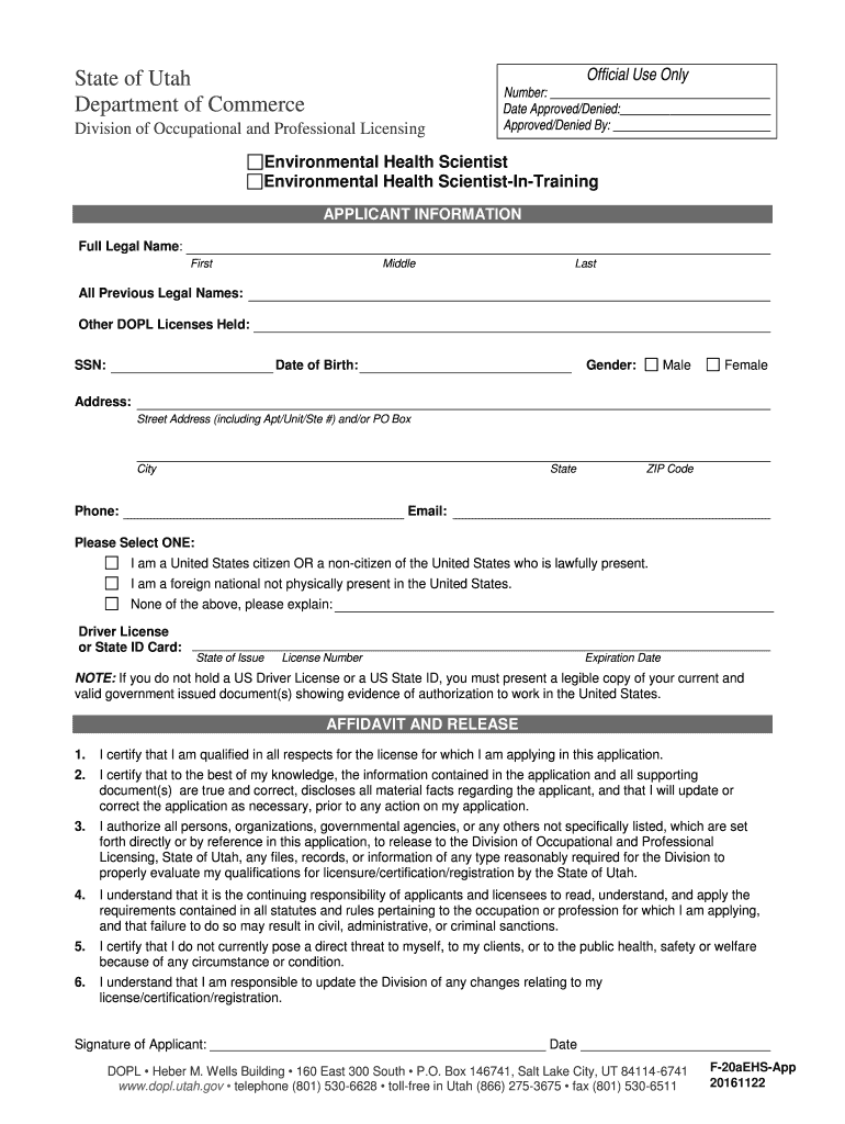 Fillable Online dopl utah Environmental Health Scientist - Application ...